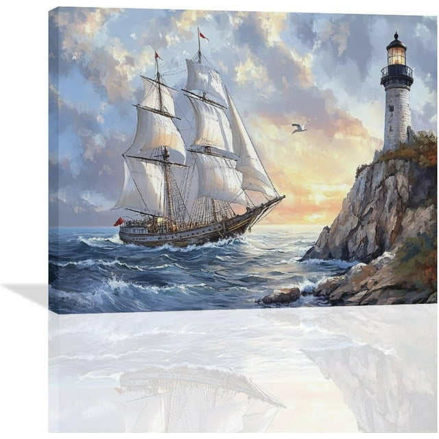 AEFER Nautical Wall Art Sailboat Lighthouse Wall Decor Coastal Ocean ...