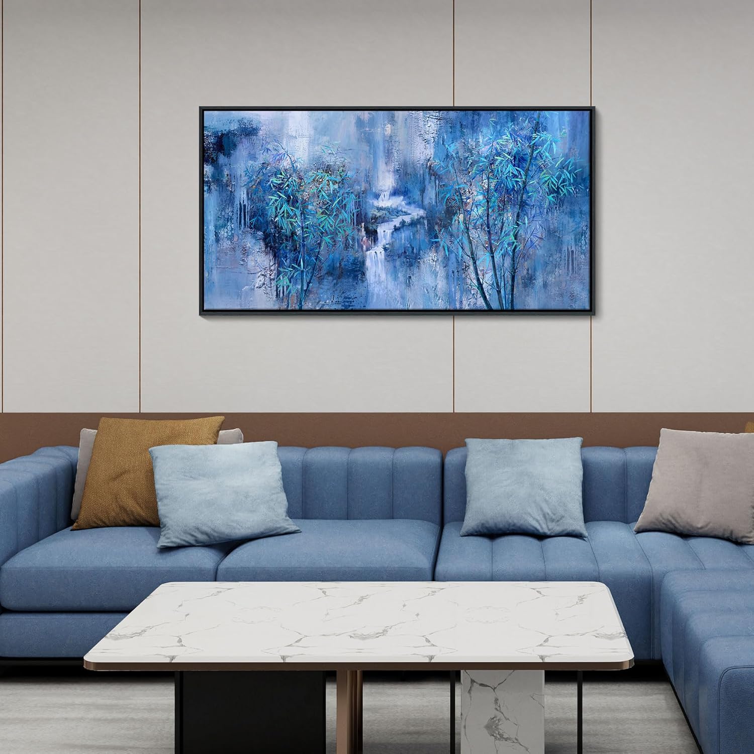 AEFER Navy Blue Bamboo Wall Art for Living Room Abstract Unframe Wall ...