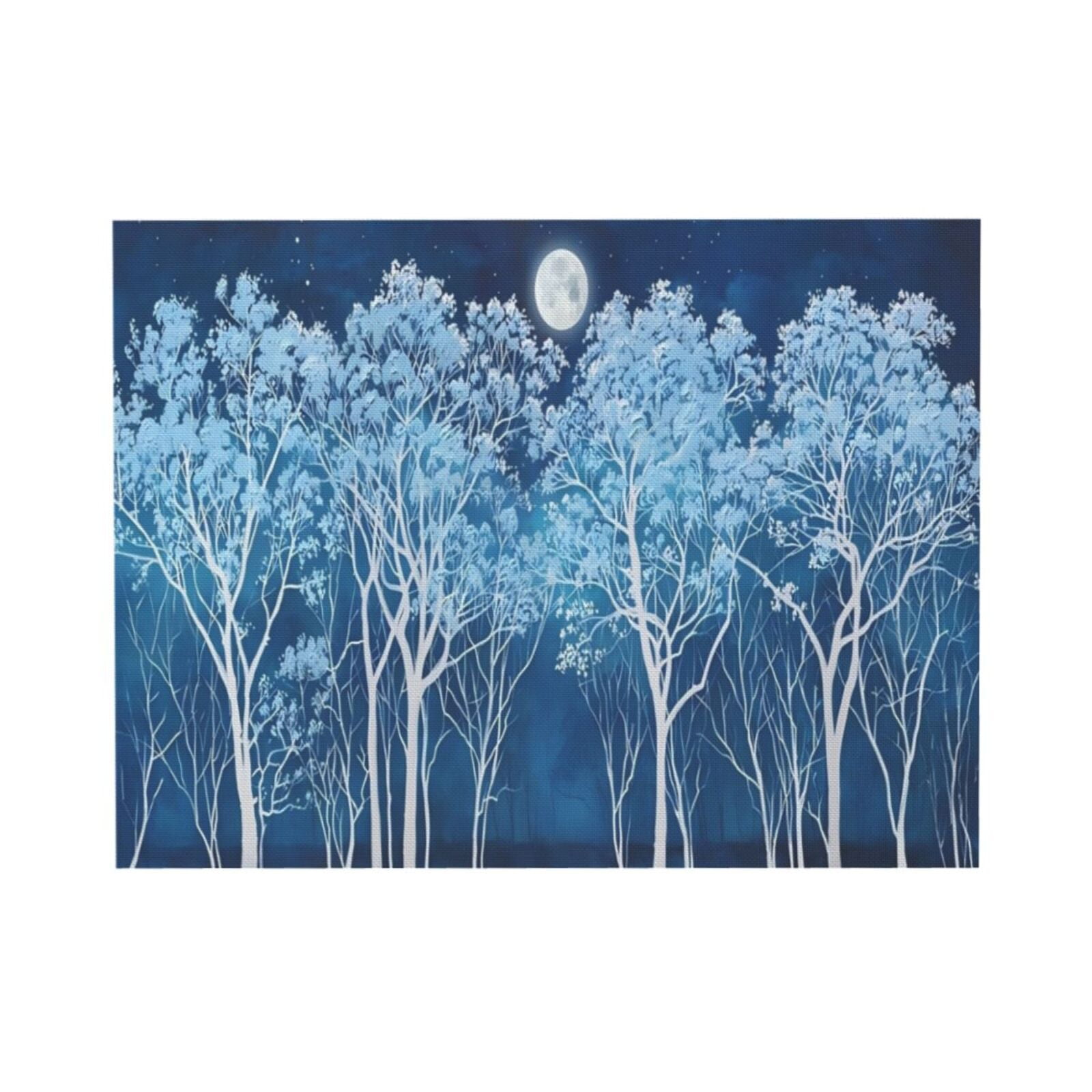 AEFER Navy Blue Wall Art Moon Tree Painting Wall Art Canvas Print ...