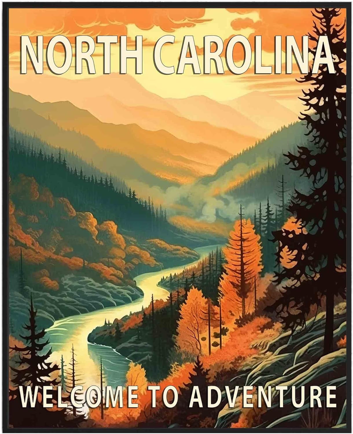 AEFER North Carolina Poster Art Print, Retro States Landscape Wall art ...