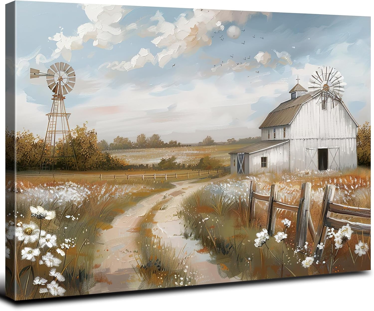 AEFER Old Barn Canvas Wall Art Country White Wildflower Living Room ...
