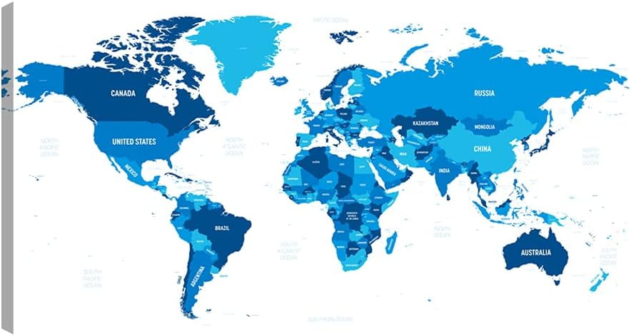 AEFER One Panel World Map Landscape Canvas Wall Art Modern Blue Map ...