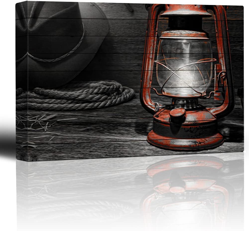 AEFER - Painted red Lantern in a Rustic barn - Cowboy hat and Rope in ...