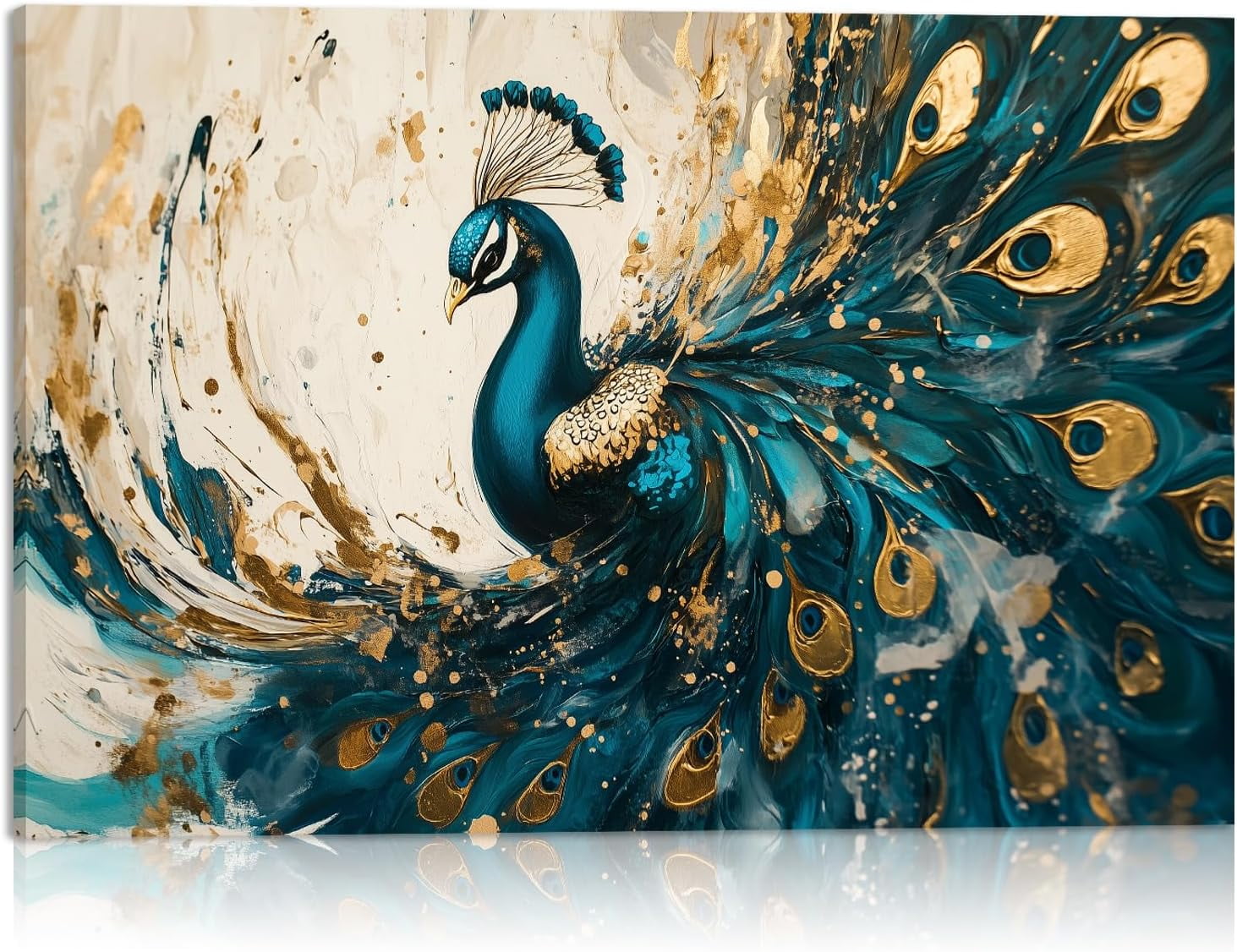 AEFER Peacock Canvas Wall Art - Beautiful Peacock with Teal and Gold ...