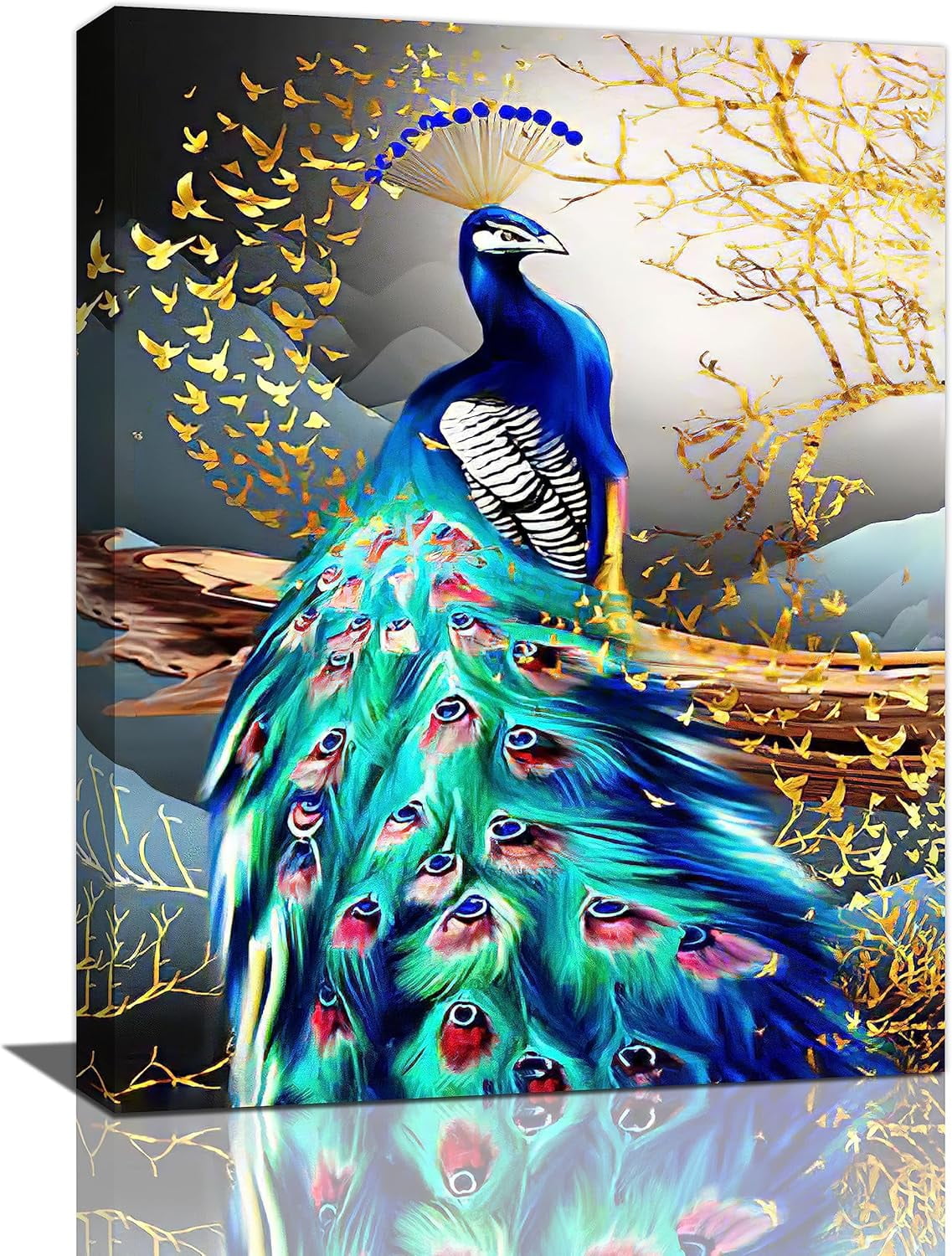 AEFER Peacock Wall Art Peacock Golden Tree Pictures Wall Decor Bird ...