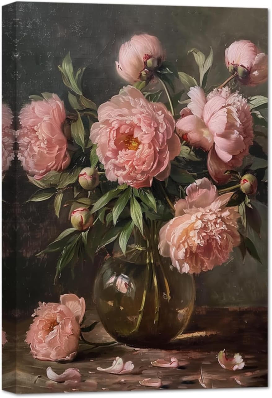 AEFER Peony Canvas Wall Art Vintage Pink Flowers in Vase Pictures ...