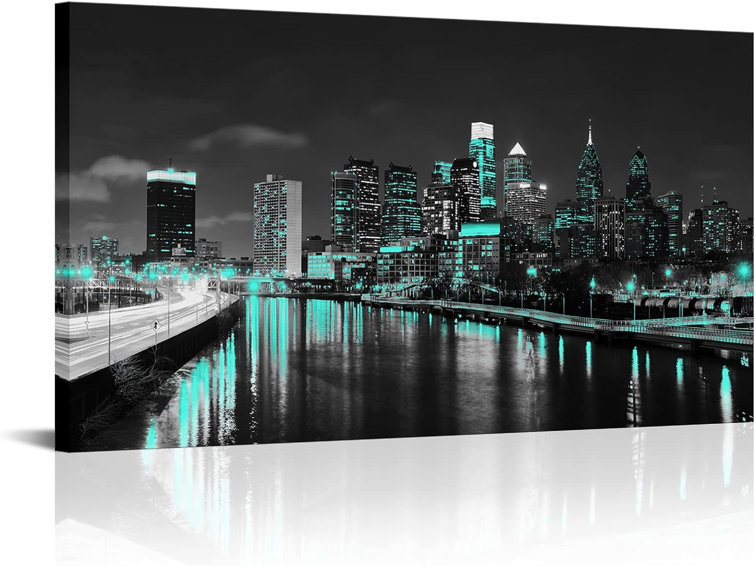 AEFER Philadelphia City Skyline Canvas Wall Art Black and White Aqua ...