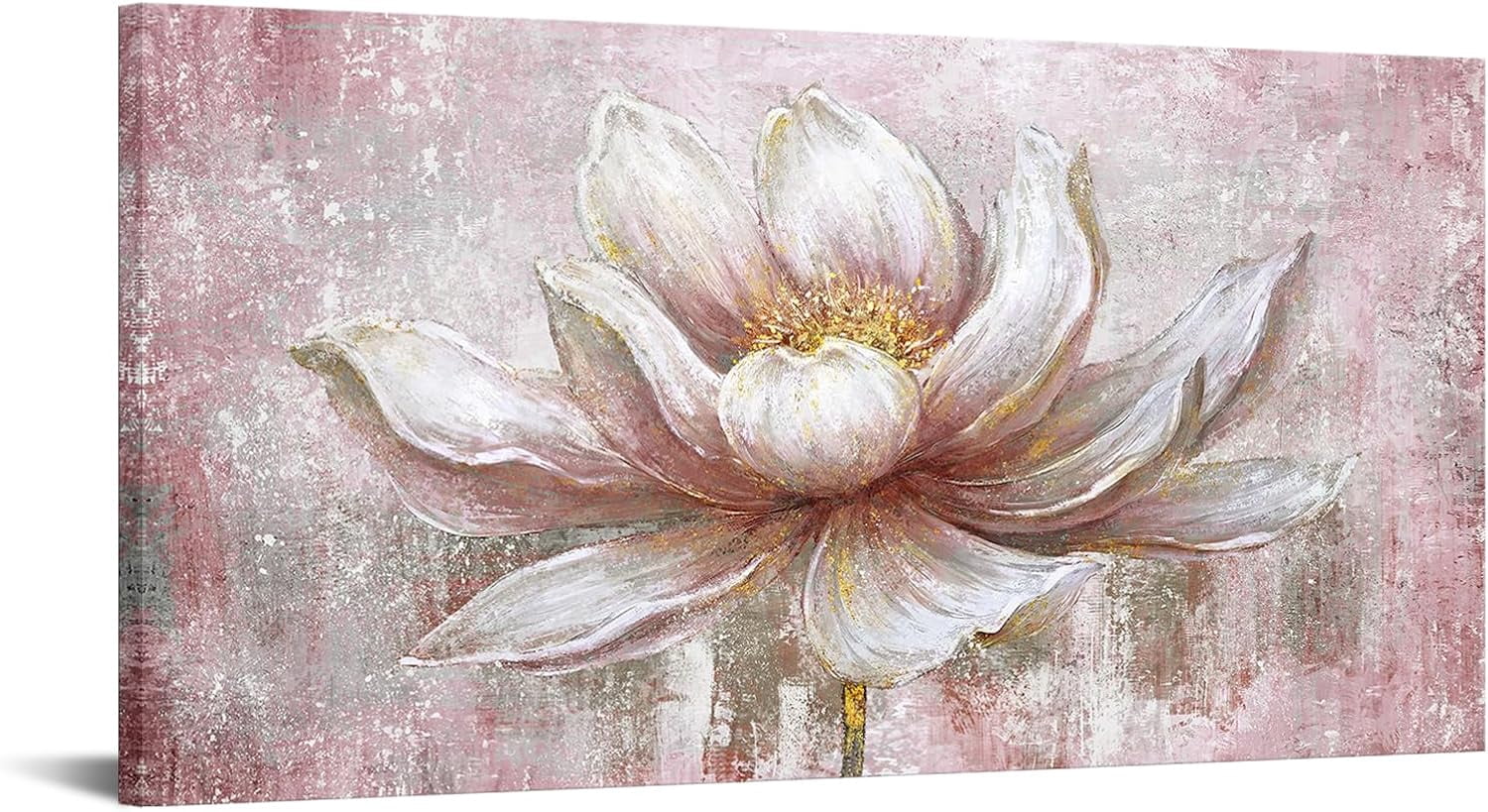 AEFER Pink Lotus Flower Wall Art Abstract Golden Floral Painting Canvas ...