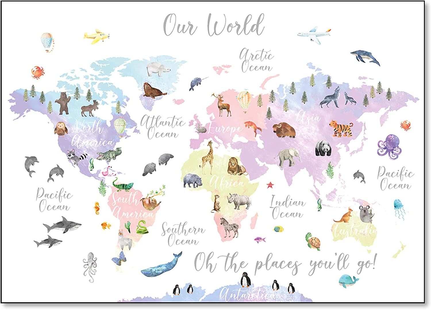 AEFER Pink Map Poster Print Animal World Map Poster Animal World Map ...