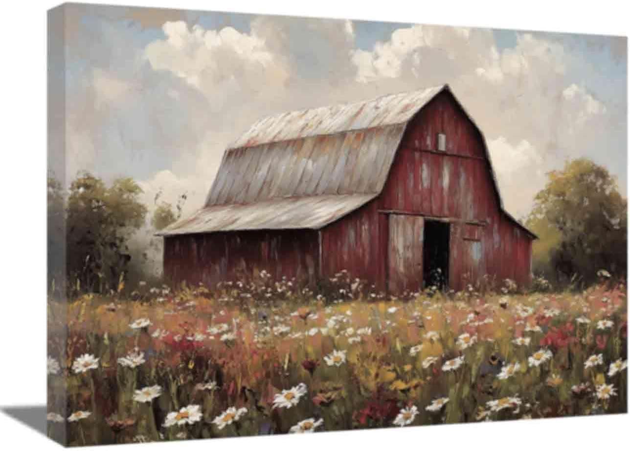 AEFER Red Barn Canvas Wall Art Farmhouse Old Barn Pictures Country Barn ...