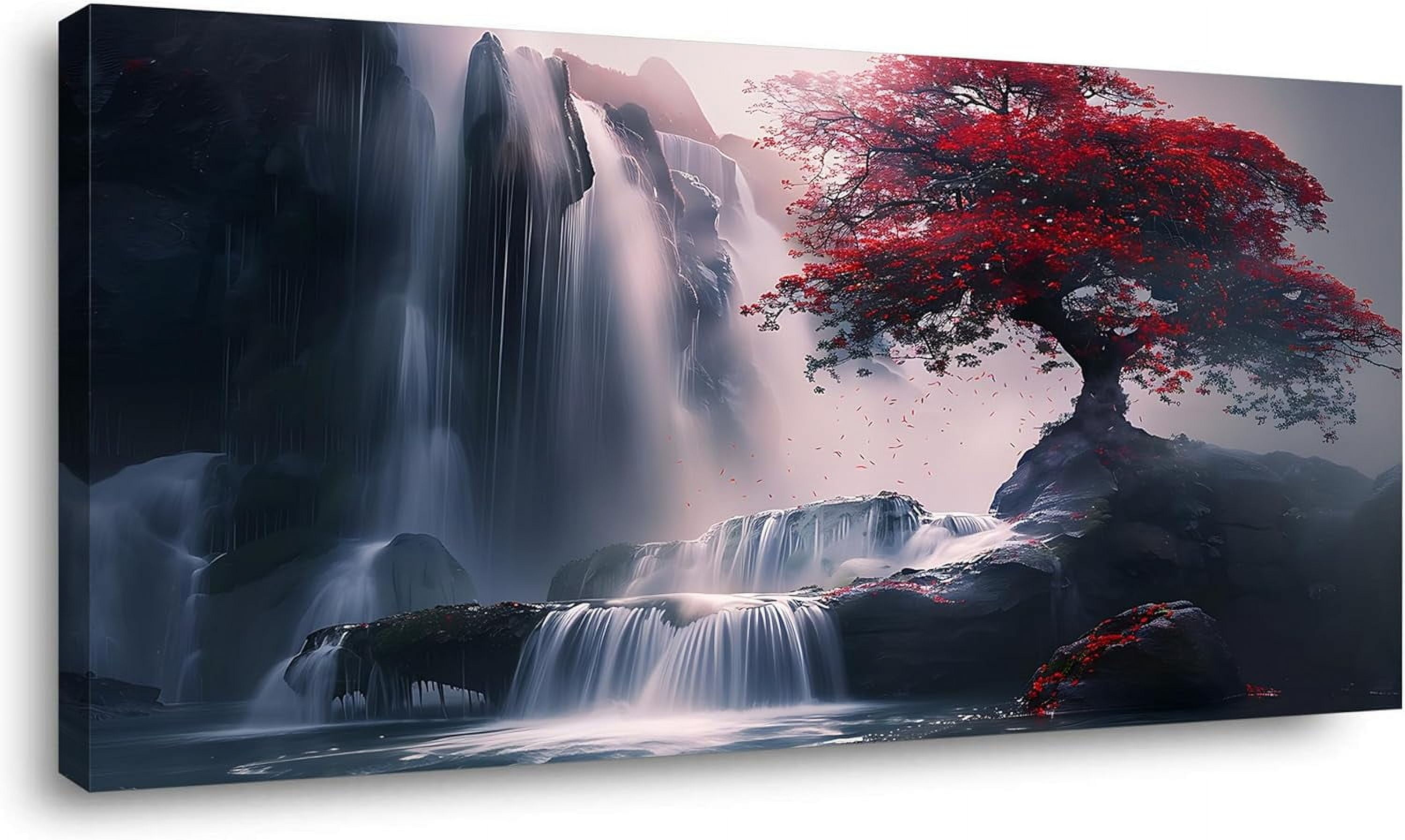AEFER Red Leaf Tree Stand by Waterfall Landscape Canvas Wall Art for ...