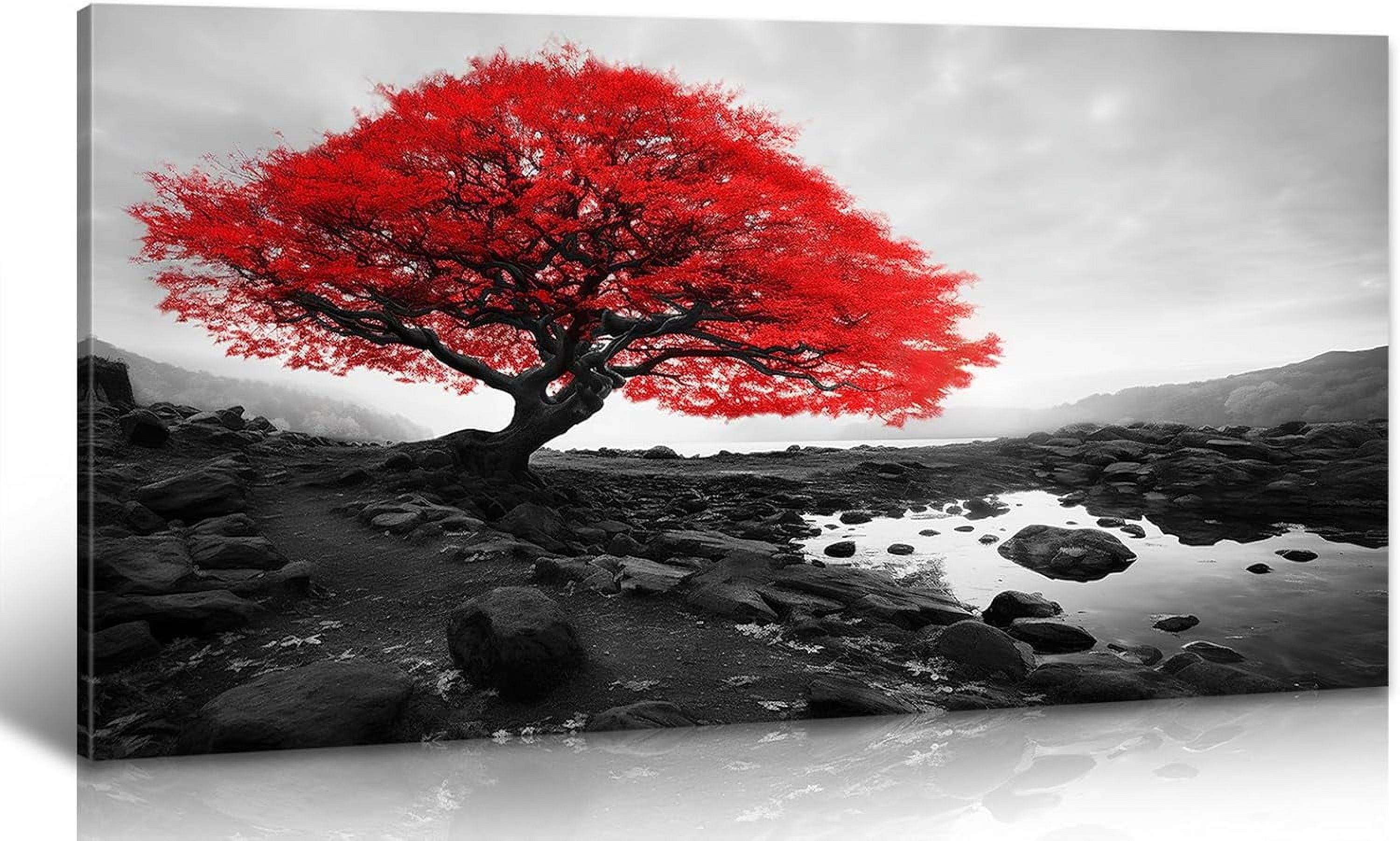 AEFER Red Tree Wall Art - Canvas Print, Black and White Nature Scenery ...