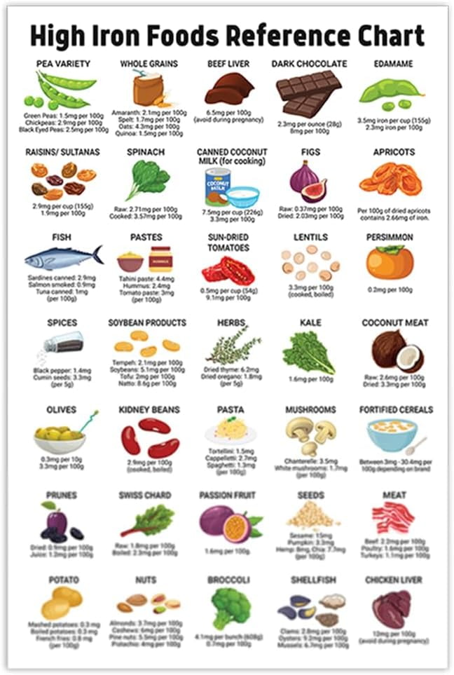 AEFER Rich Iron Chart Wall Art, High Iron Foods Reference Poster ...