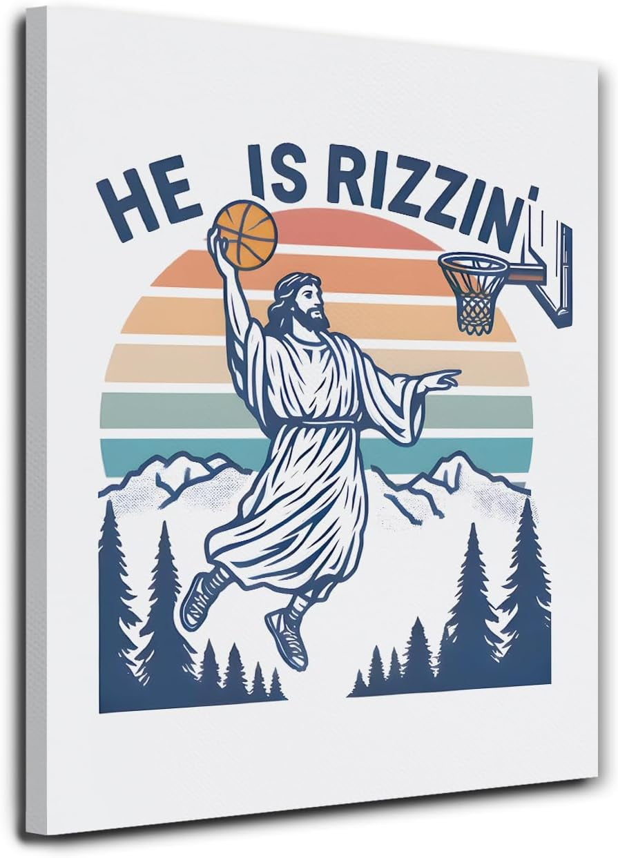 AEFER He is Rizzin Funny Basketball Jesus Canvas Wall Art, Jesus Wall ...