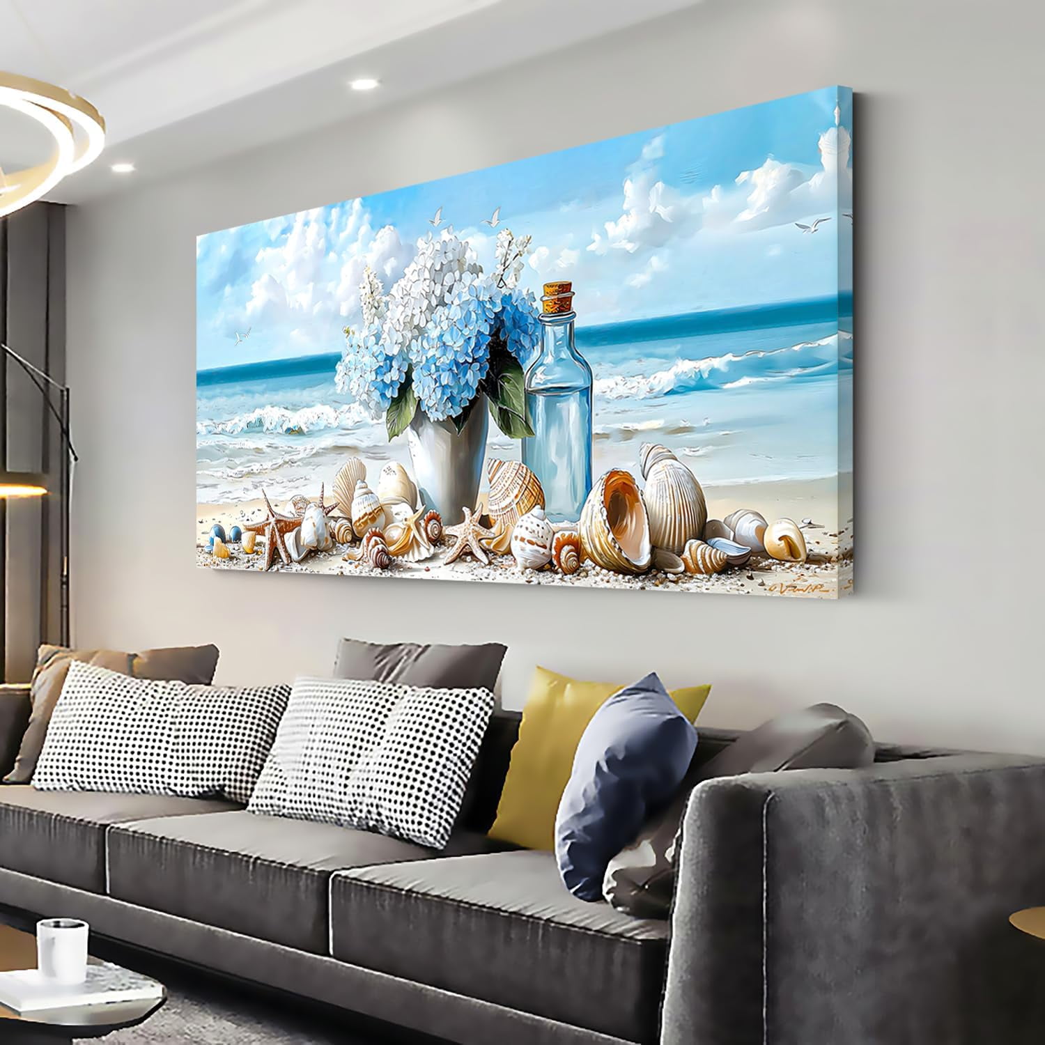 AEFER Romantic Beach Wall Art for Living Room Blue Shells Conch Vase ...