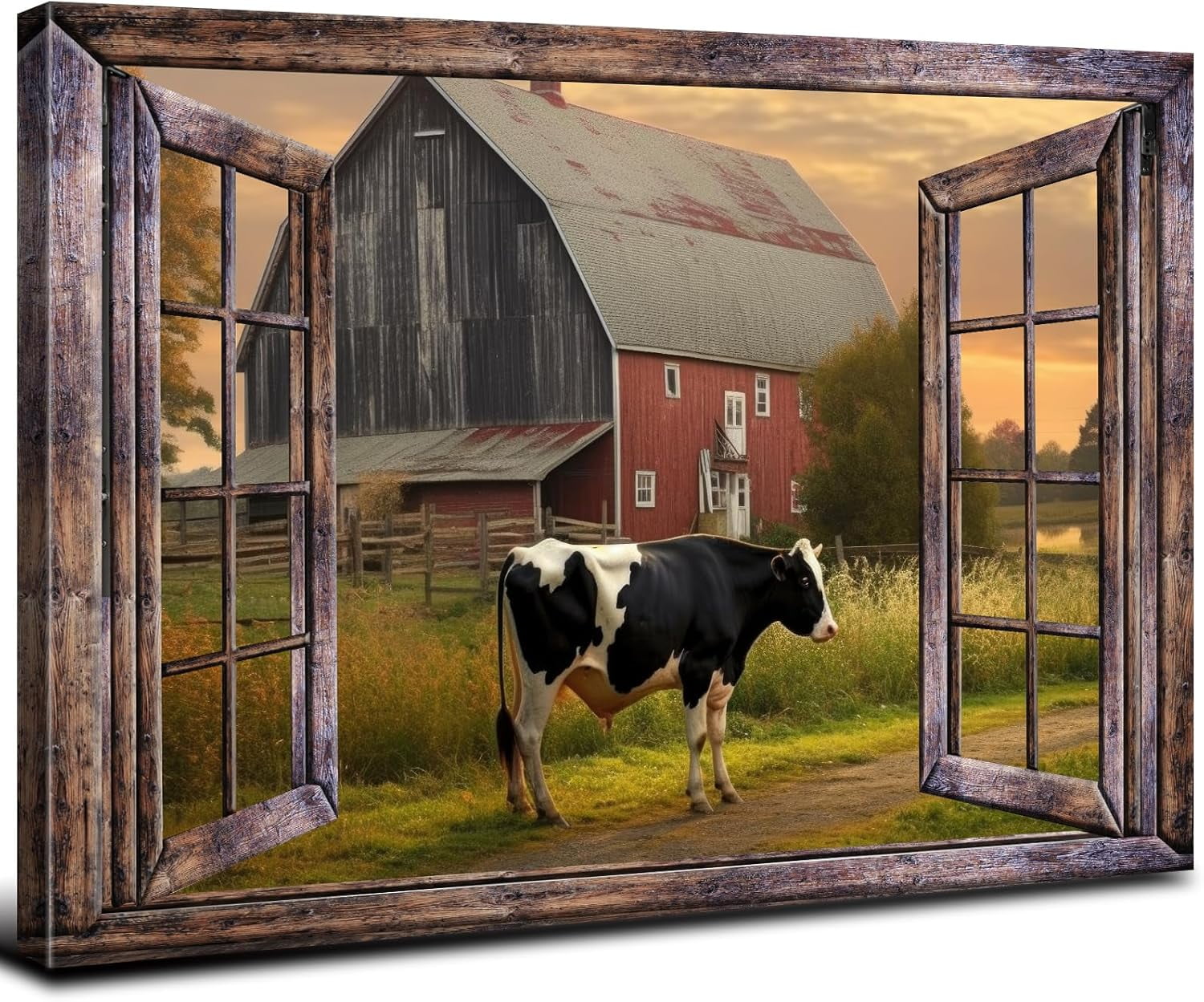 AEFER Rustic Barn Wall Art Farmhouse Cow Painting Country Landscape ...