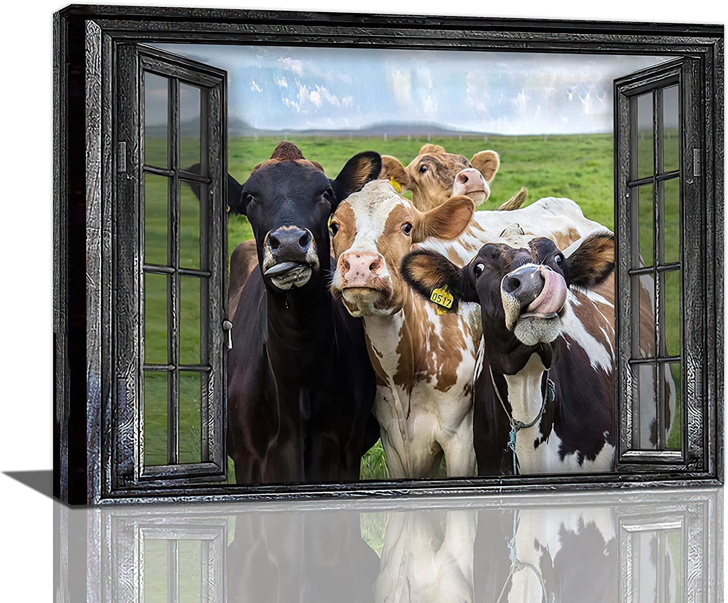 AEFER Rustic Cow Wall Art Funny Cows Window Pictures Wall Decor ...
