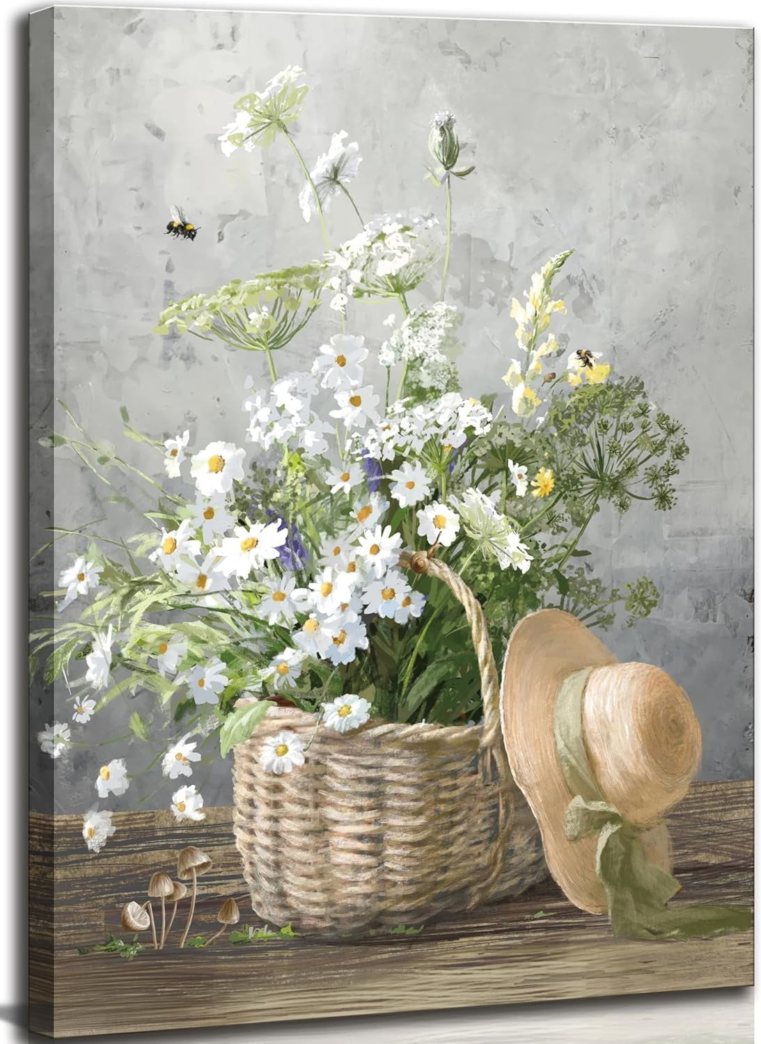 AEFER Rustic Daisy Canvas Wall art Country Flower Still Life Bamboo ...