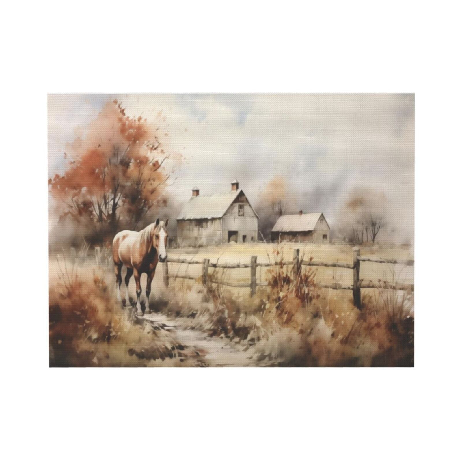 AEFER Rustic Farmhouse Canvas Wall Art, Old Barns Country Road Fences ...