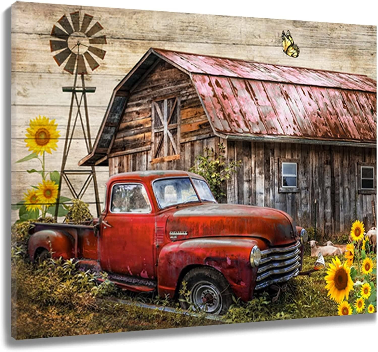 AEFER Rustic Farmhouse Canvas Wall Art Old Car and Cattle with Barn ...
