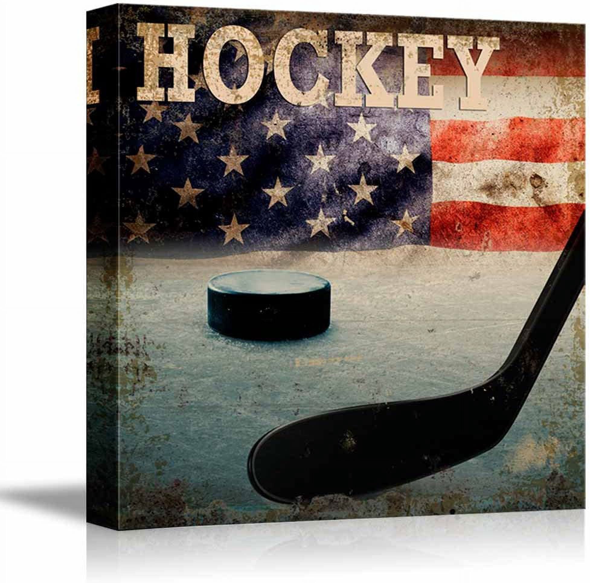 AEFER Rustic Hockey - Stick and Puck Vintage Wood Grain - Canvas Art ...