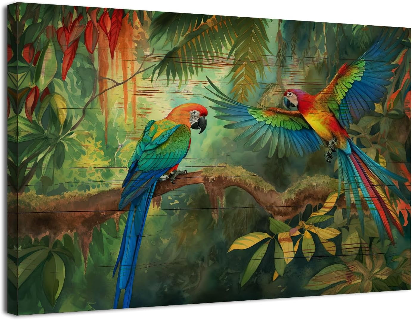 AEFER Rustic Parrot Wall Art Tropical Macaw Birds on Branch Wall Decor Forest Birds Painting ...