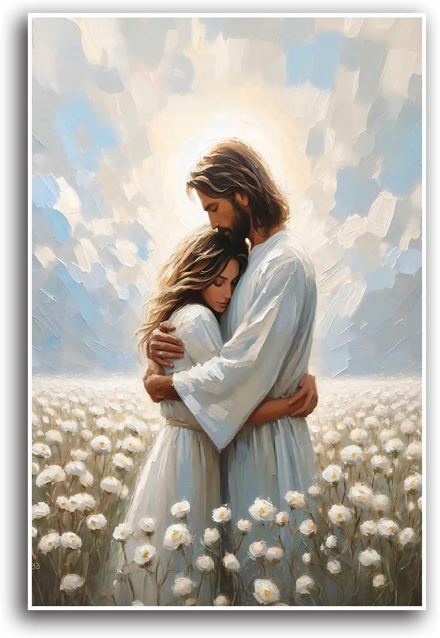 AEFER Savior And Woman Canvas Print Jesus Hug Girl Vintage Jesus Wall ...