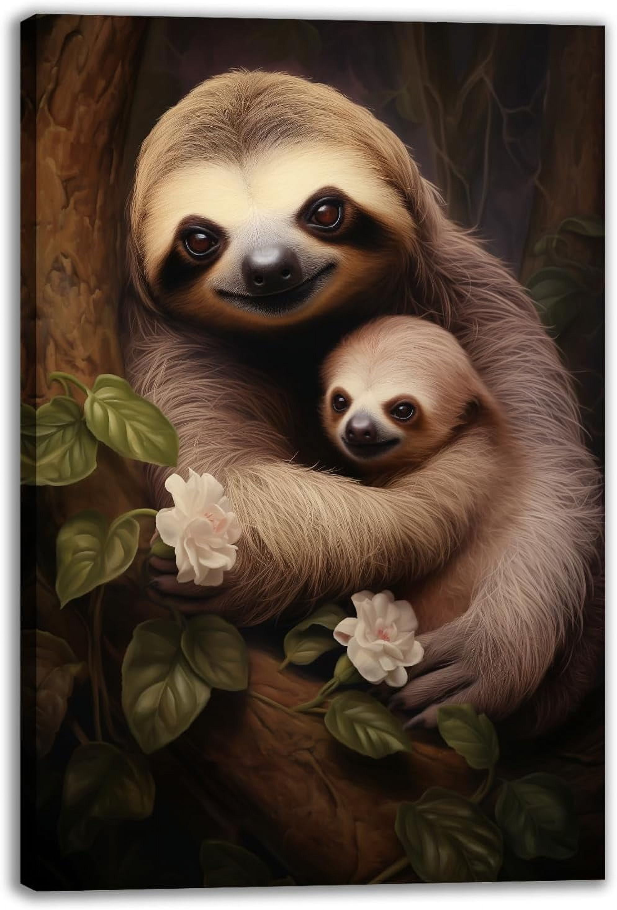 AEFER Sloth Canvas Wall Art, Sloth Mother Holding the Sloth Baby Poster ...