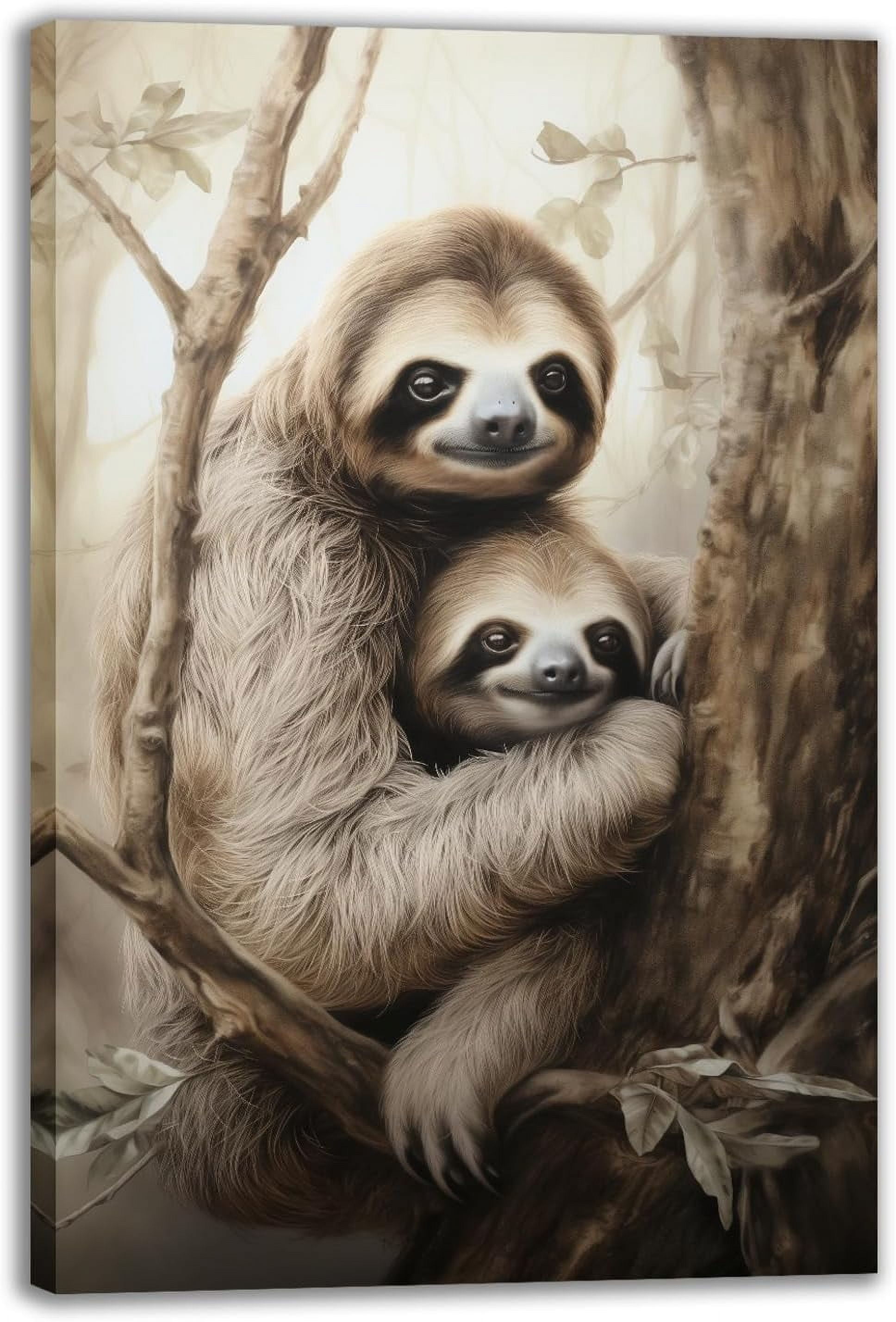 AEFER Sloth Canvas Wall Art, Sloths on Branches Poster Painting Black ...