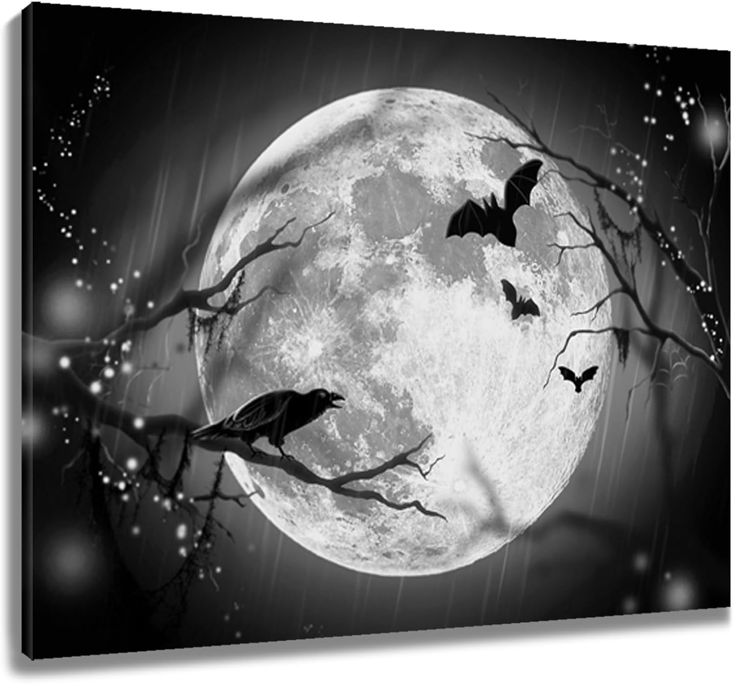 AEFER Spooky Halloween Wall Art Black Bat and Crow on Grey Full Moon ...