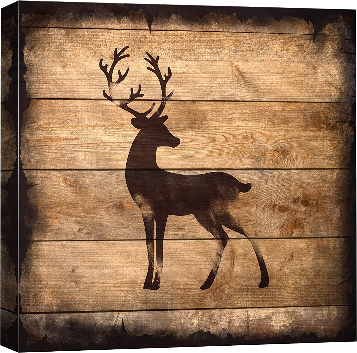 AEFER Square Canvas Wall Art - Deer Silhouette on Rustic Wood Board ...