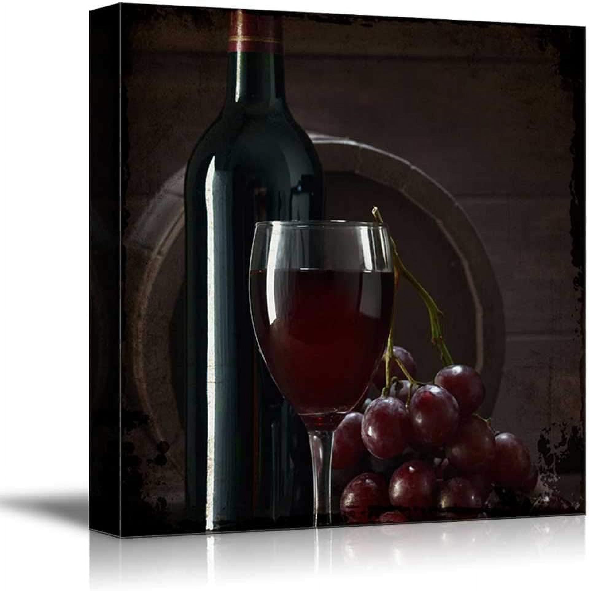 AEFER Square Canvas Wall Art - Rustic Style Glass of Wine with Wine ...