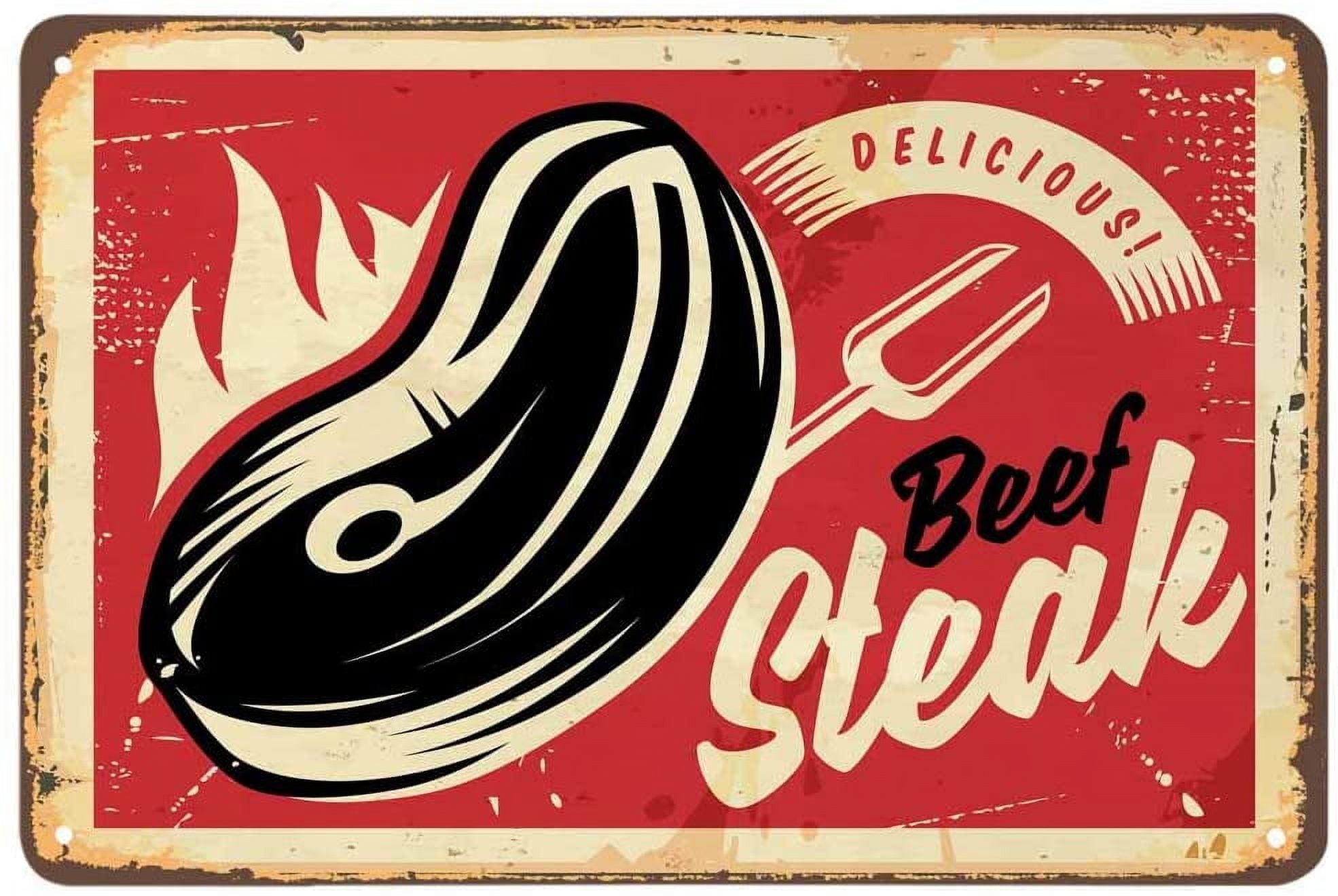 AEFER Steak Tin Sign,Beef Meat Delicious Fire Hot Fork Block Protein ...