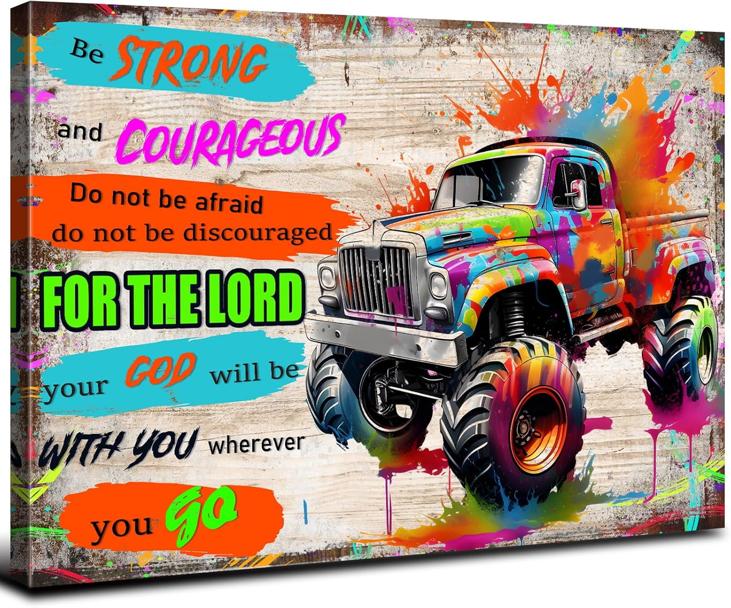 AEFER Be Strong and Courageous Wall Art Monster Truck Pictures Wall ...