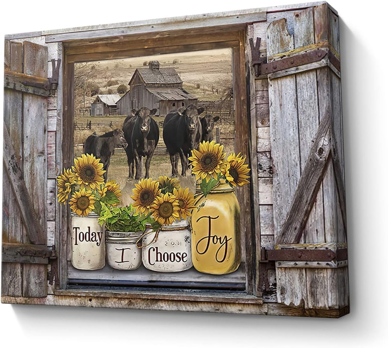 AEFER Sunflower Mason Jars on Rustic Window Wall Art Angus Cows Kitchen ...