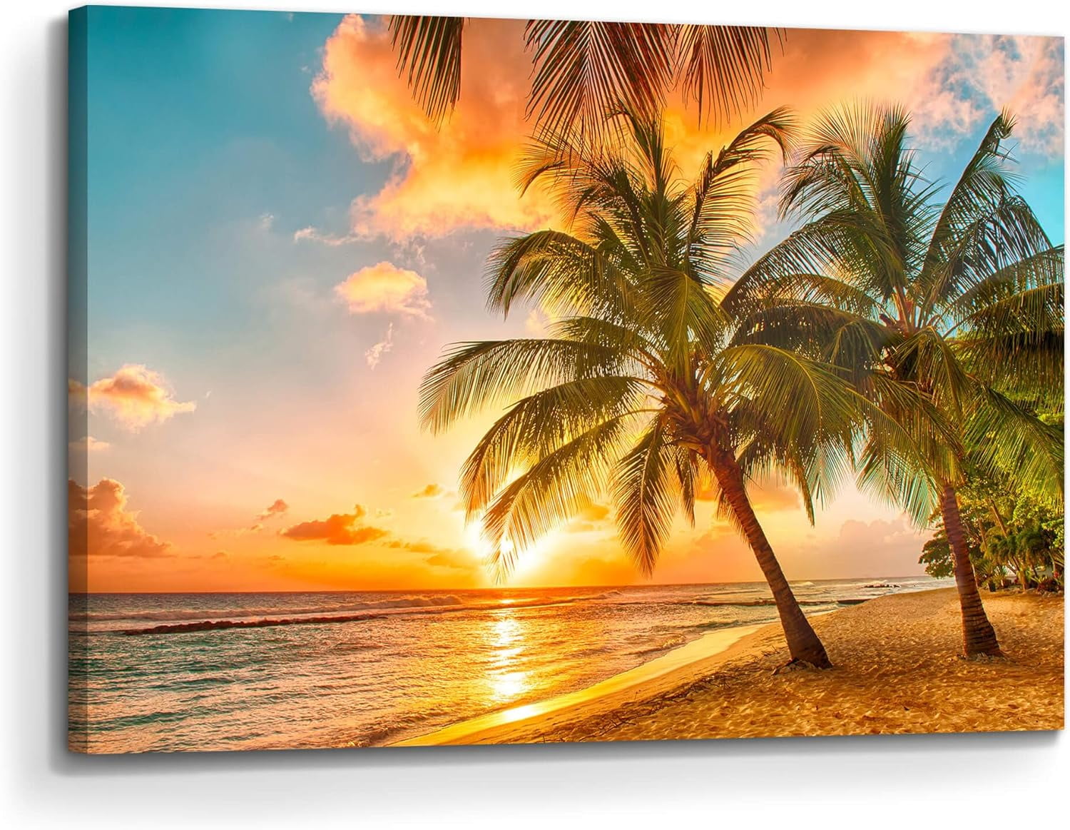 AEFER Sunset Beach Canvas Wall Art: Coastal Picture Palm Tree Seascape ...