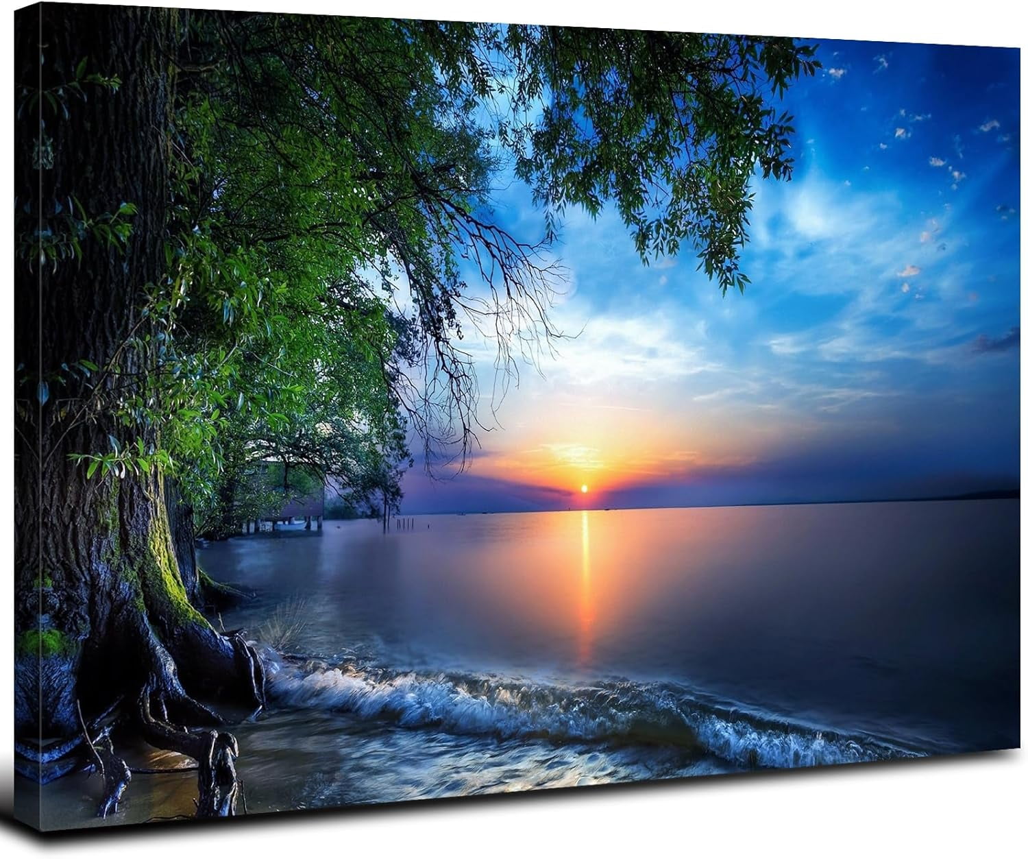 AEFER Sunset Beach Wall Art Green Tree Seascape Photography Canvas ...