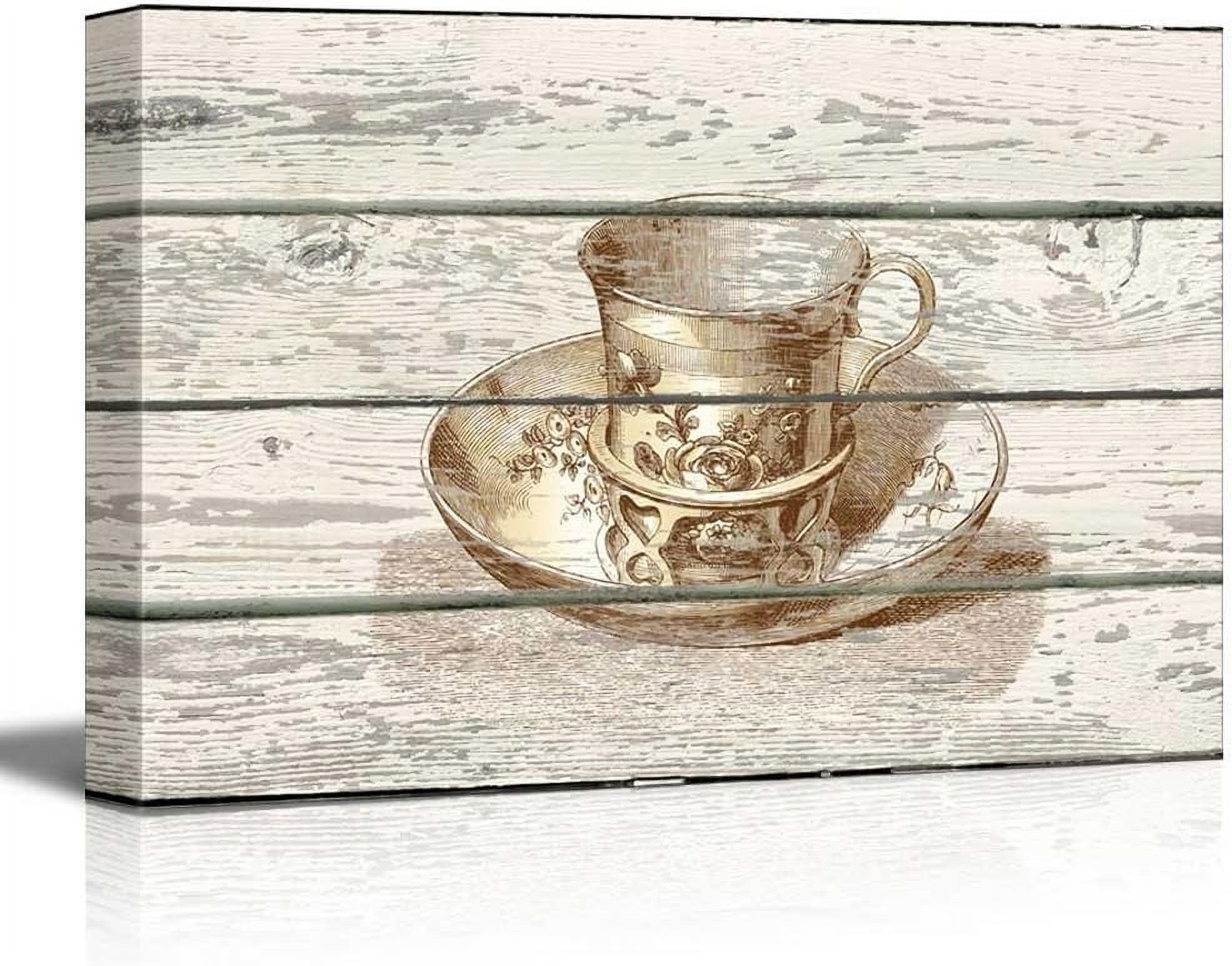 AEFER Teacup and Saucer Engraving Artwork - Rustic Canvas Wall Art Home ...
