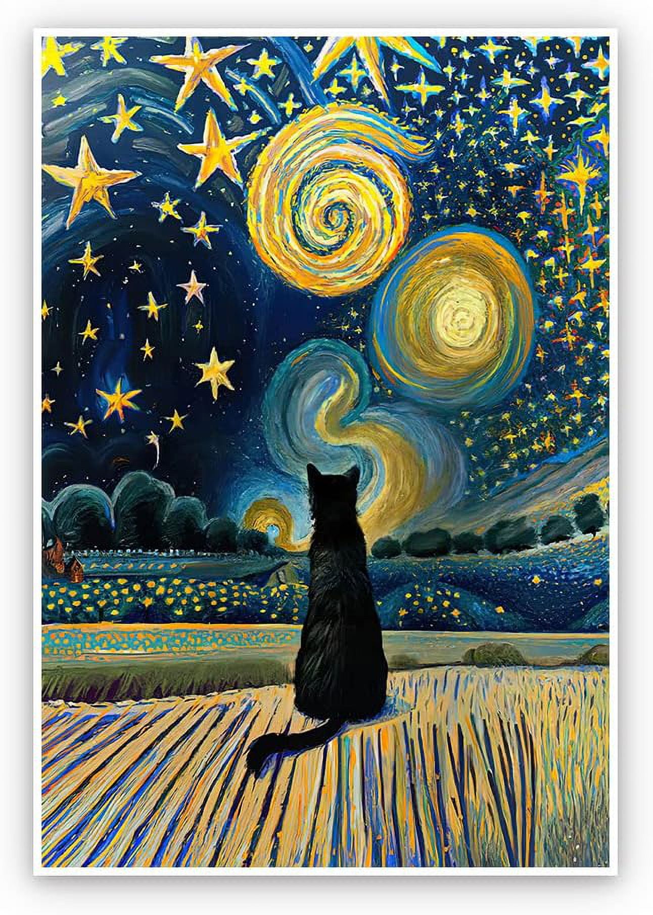 AEFER The Starry Night Cat Canvas Wall Art Famous Oil Paintings Black Cat Poster Funny Cat Print ...