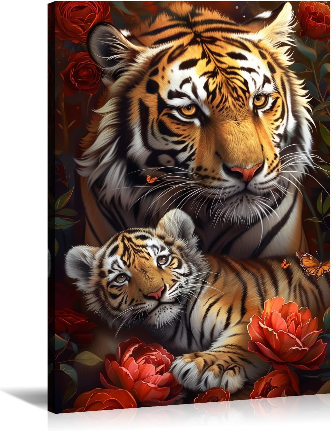 AEFER Tiger Wall Art Tiger Mom with Cub Picture Wild Animal with Flower ...