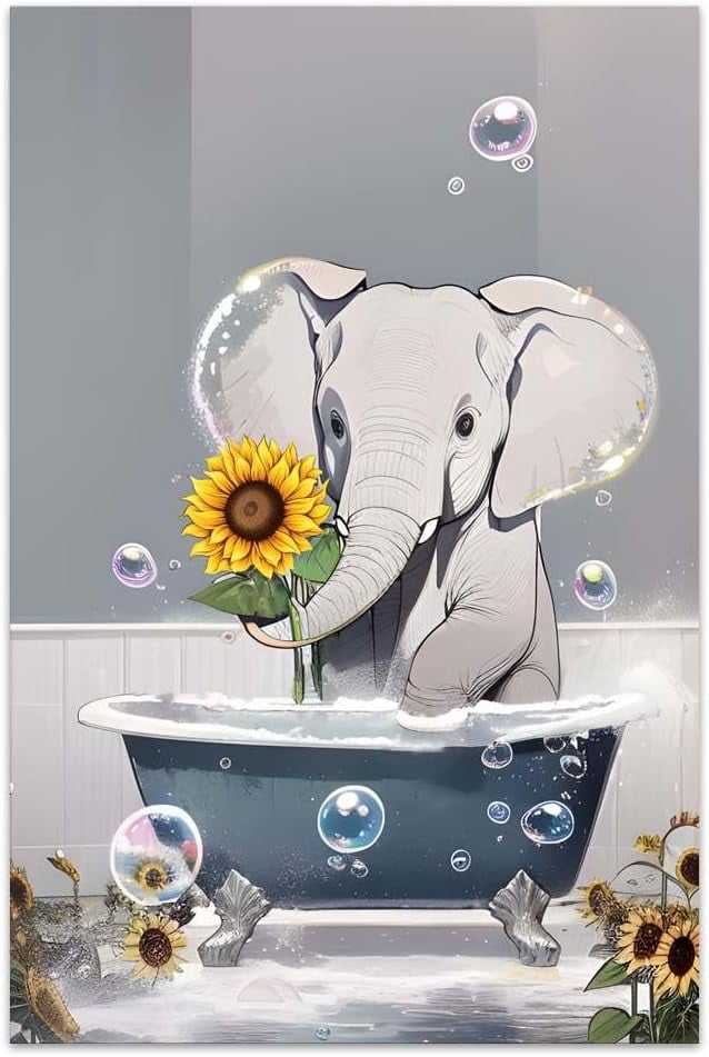 AEFER Unframed Canvas Wall Art, Elephant Sunflower In Bathtub Wall ...