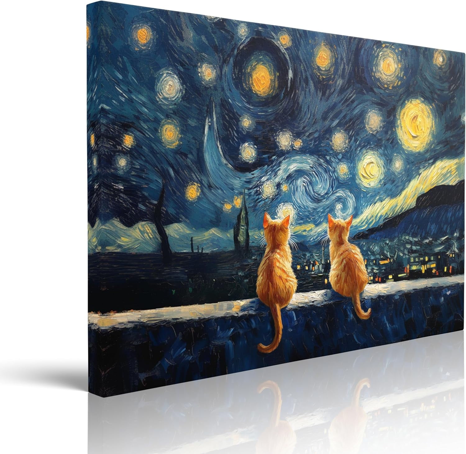 AEFER Unframed Retro Van Gogh Starry Night With Funny Cat Canvas Prints ...