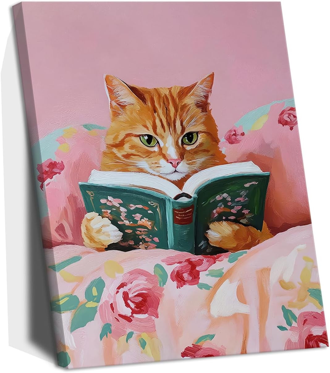AEFER Unframed Vintage Cats Canvas Wall Art, Funny Animal Reading Books ...
