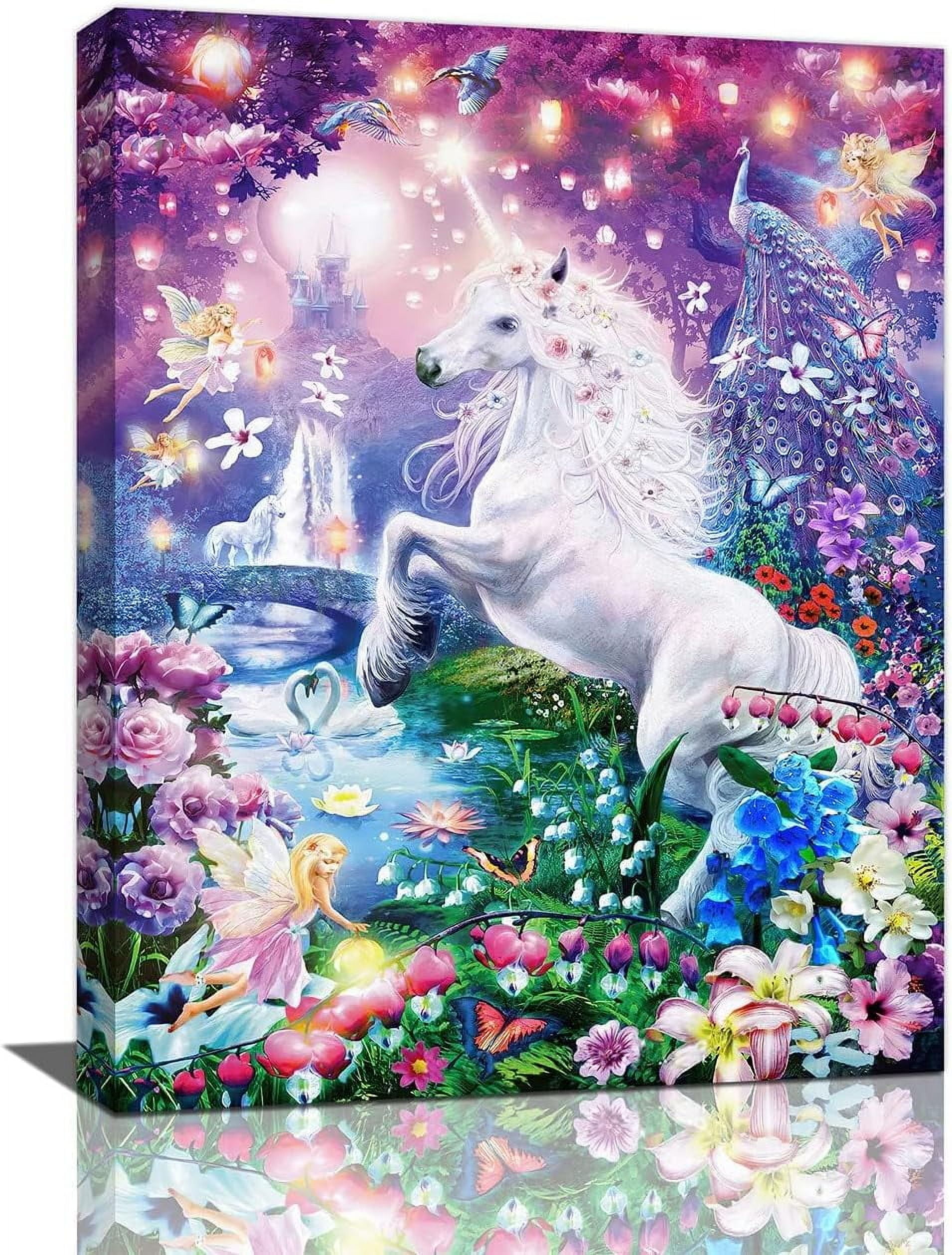 AEFER Unicorn Canvas Wall Art Colorful Unicorn Elf Peacock Castle ...