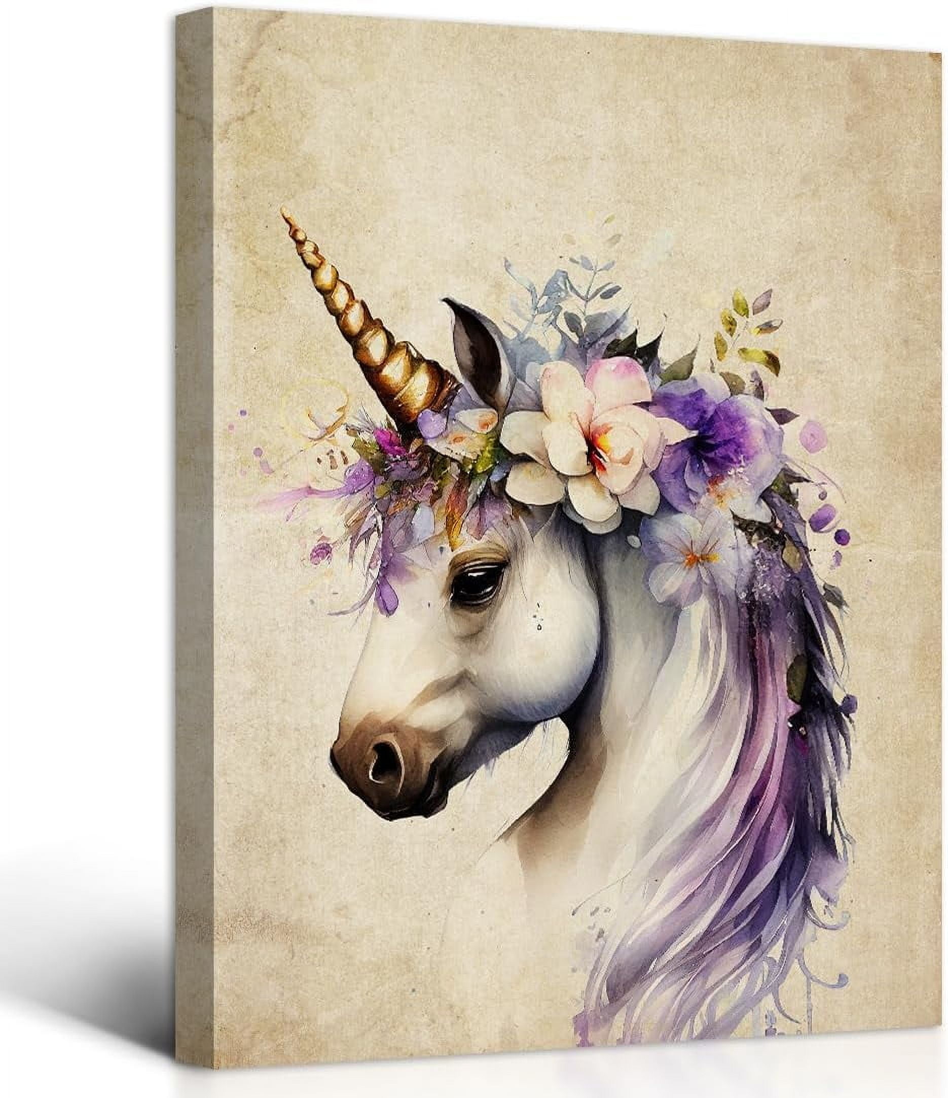 AEFER Unicorn Canvas Wall Art Retro Colorful Animal with Flower ...