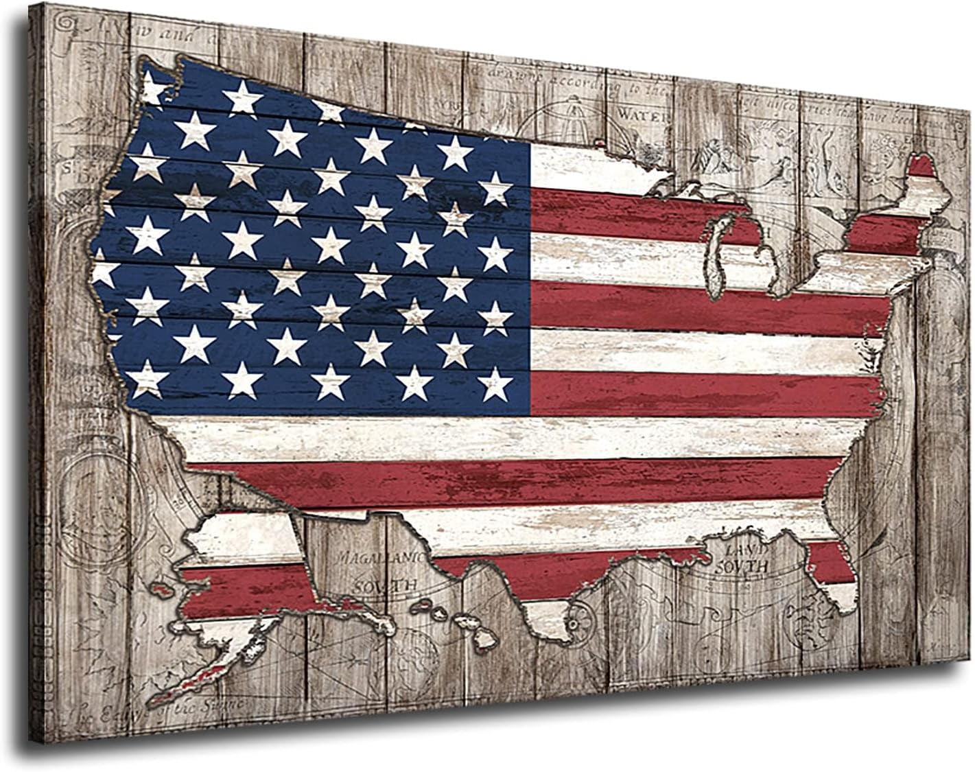 AEFER Vintage American Flag Canvas Wall Art Red White Blue Map Shape ...
