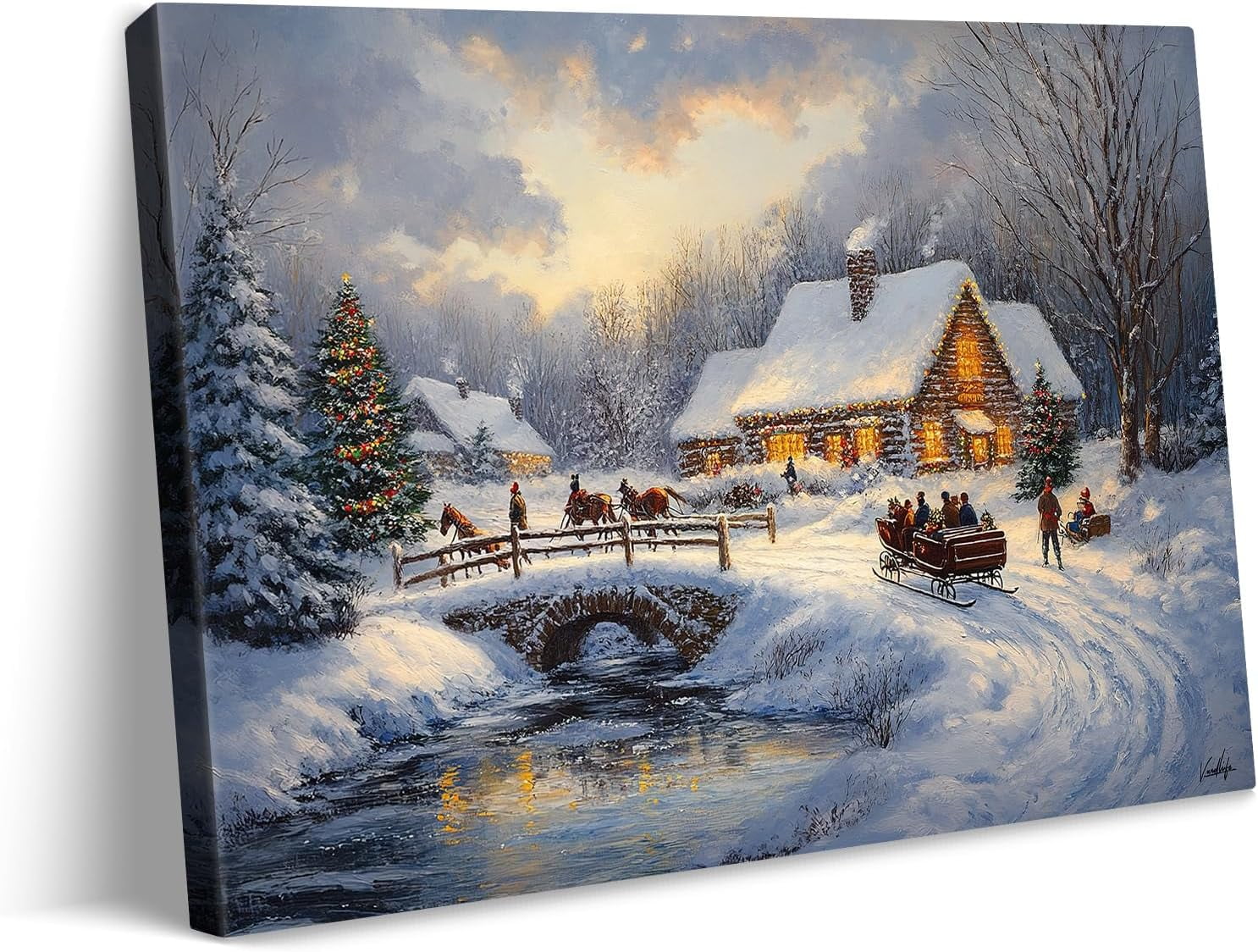 AEFER Vintage Christmas Canvas Wall Art Frozen River Snowy Village Oil ...