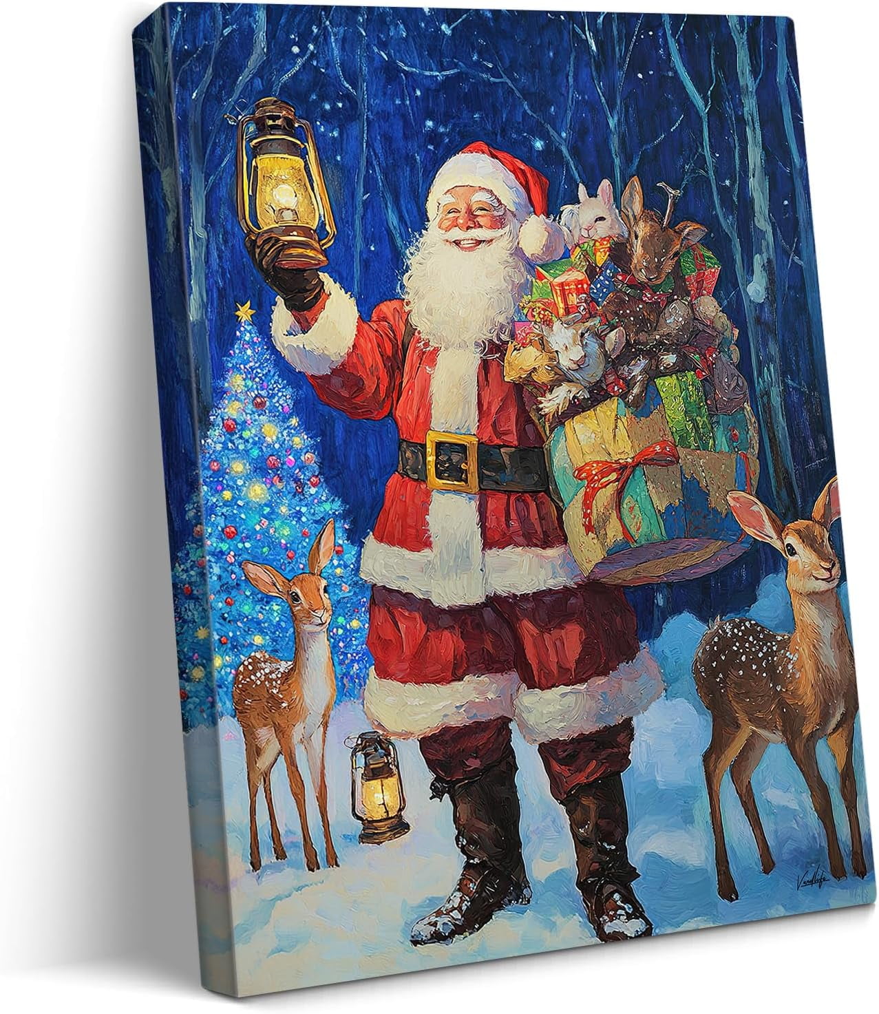 AEFER Vintage Christmas Canvas Wall Art Santa Claus and Forest Animals Cozy Winter Scene ...