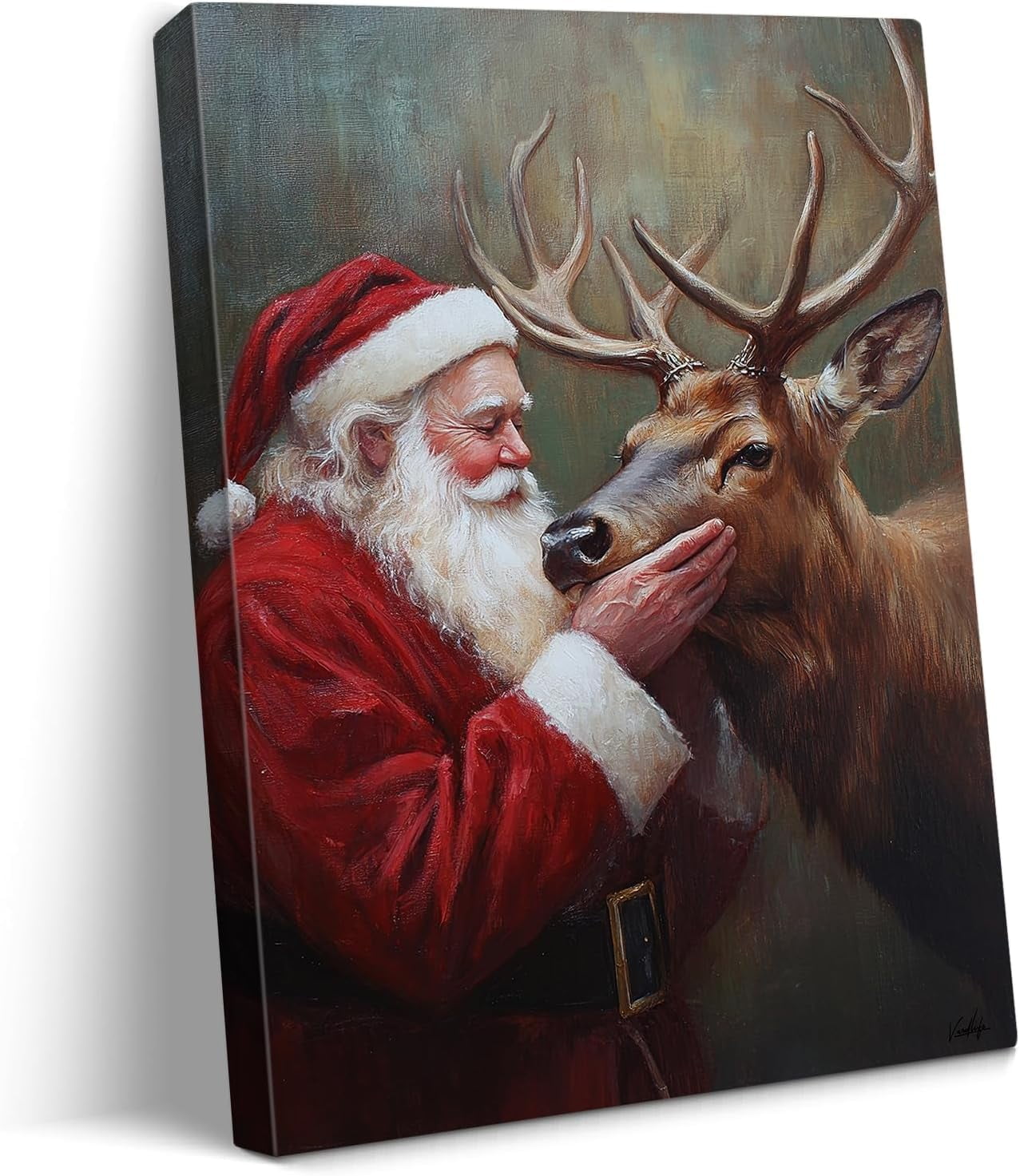 AEFER Vintage Christmas Canvas Wall Art Santa Claus with Reindeer Painting Christmas Elk Deer ...