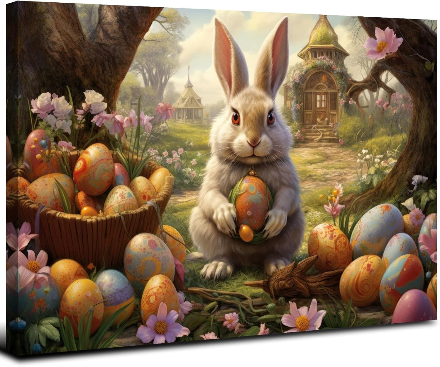 AEFER Vintage Cute Bunny Picture Easter Egg Canvas Print Fairy Garden ...